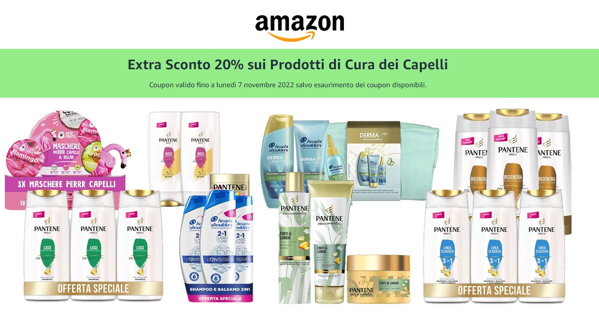 Amazon Extra Sconto 20%, su un prodotto per capelli a scelta tra shampoo, balsamo o maschera ...